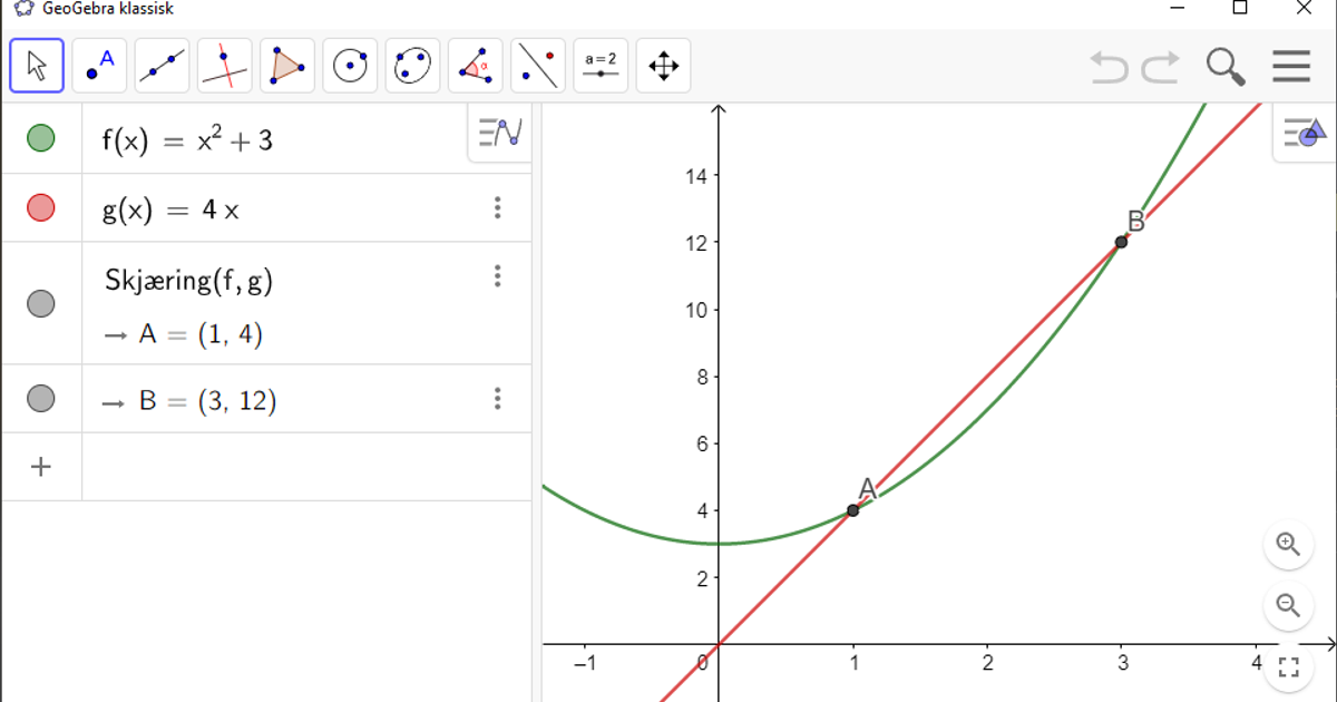 Hvordan finne skjæring mellom grafer i GeoGebra